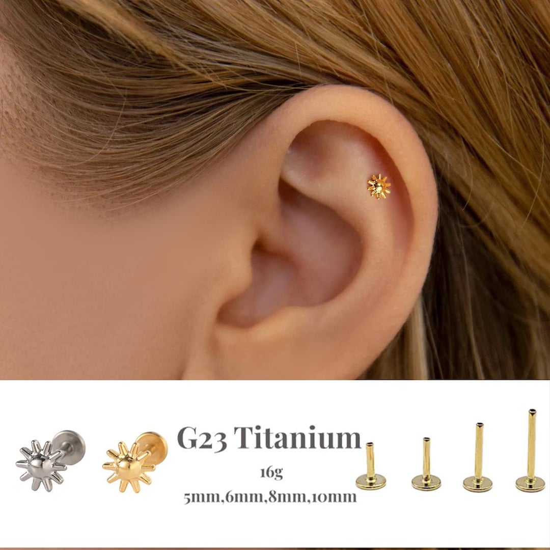 16G Sun Push Pin Labret /threadless Flat Back Earring /tragus Stud/flat ...