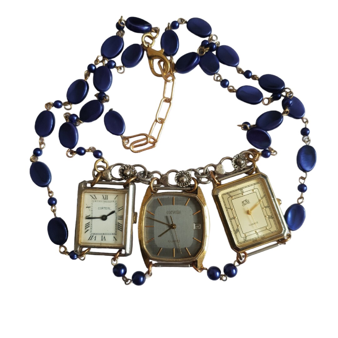 Blue Beaded Chain and Watches Necklace, Assemblage Jewelry - Etsy UK