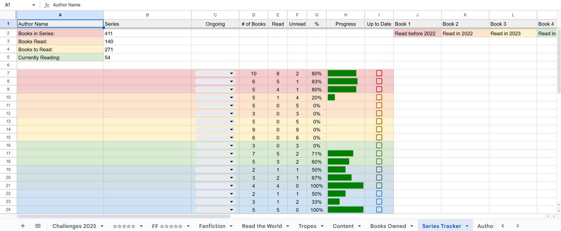 Rainbow Reading Spreadsheet, Reading Log, Book Tracker, Series Tracker, Reading Challenge, TBR ...