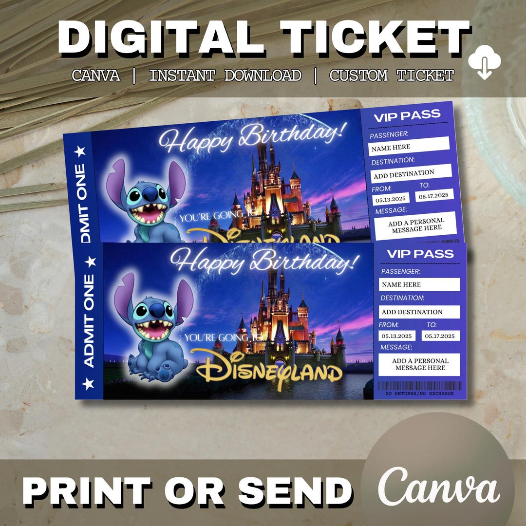 Editable Stitch Disneyworld Disneyland Surprise Ticket, Stitch Ticket ...