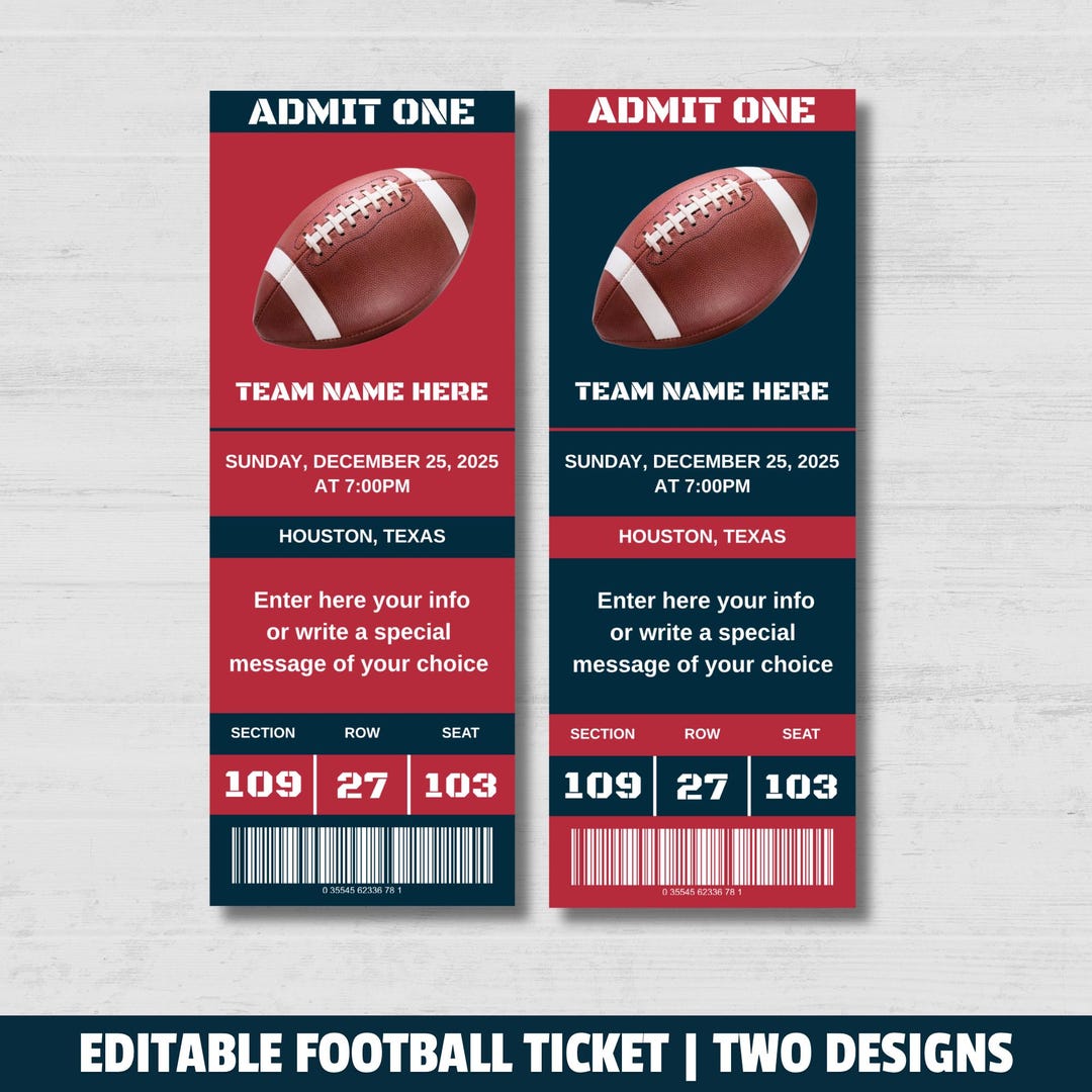 Editable Football Game HOUSTON Colors Ticket Template Surprise ...