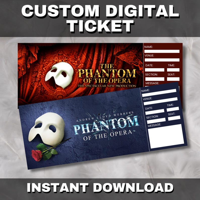 Editable Phantom of the Opera Musical Theatre Ticket, Personalized Gift ...