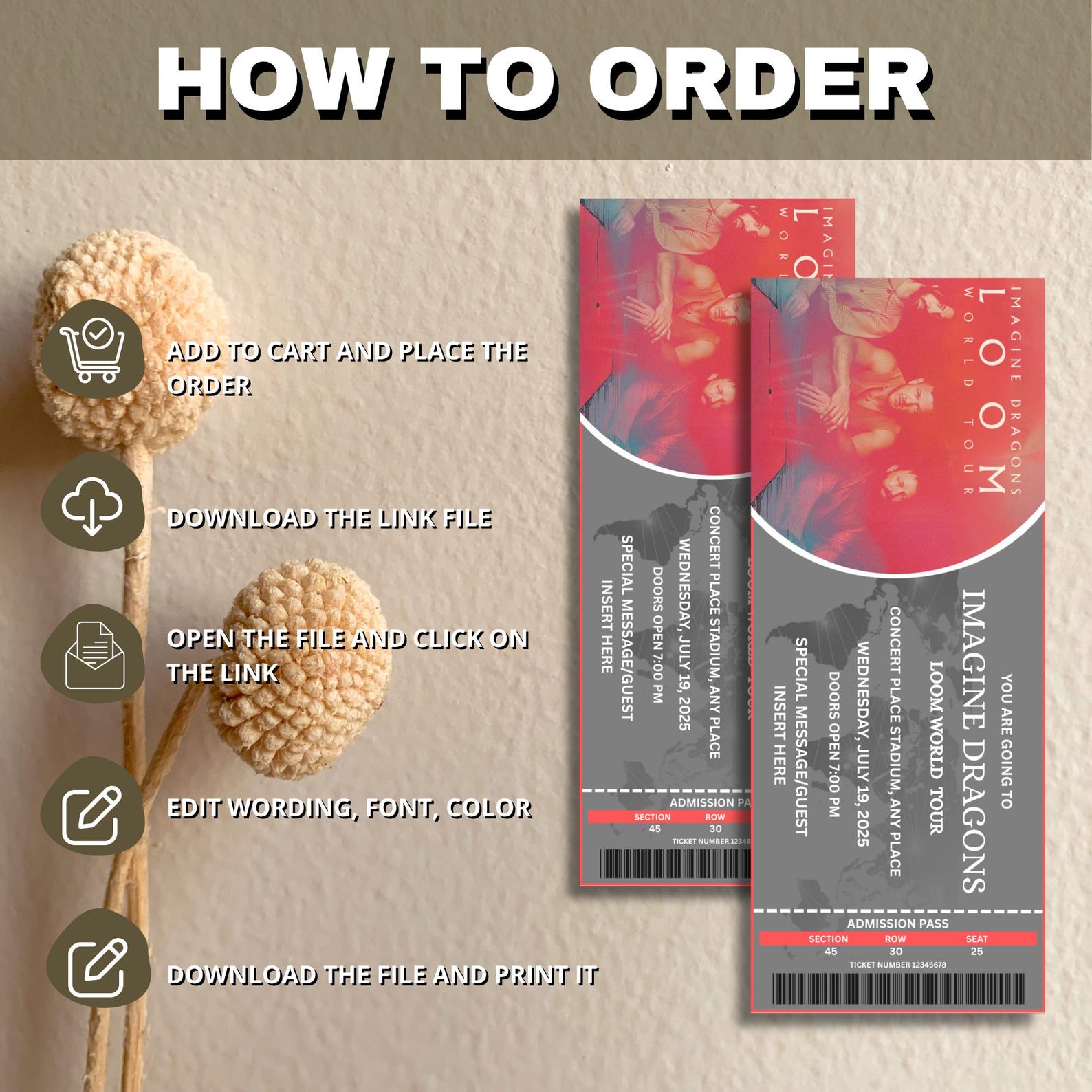 Editable Imagine Dragons Ticket Loom World Tour Concert Show Pass ...