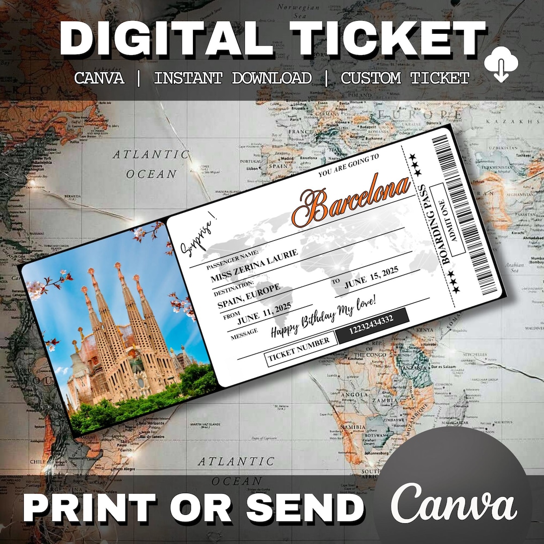 Printable Editable BARCELONA Surprise BOARDING Pass TICKET, Trip Ticket ...