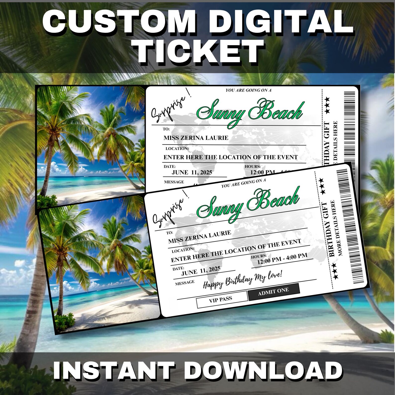 Surprise Beach Trip Ticket | Watercolor Vacation Tickets Instant ...