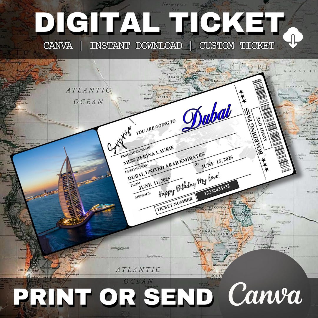 Printable Ticket DUBAI Surprise BOARDING Pass Ticket, Travel Trip ...