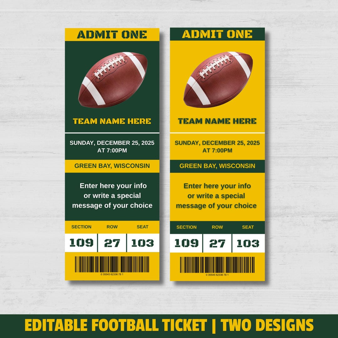 Editable Football Game Green Bay Colors Ticket Template Surprise ...