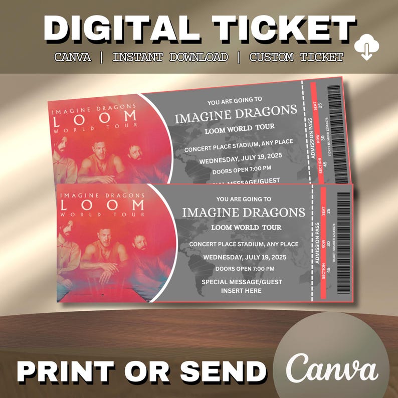 Editable Imagine Dragons Ticket Loom World Tour Concert Show Pass ...