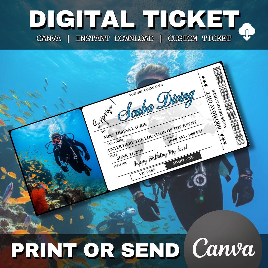 Scuba Diving Gift Certificate Template, Scuba Diving Voucher Ticket ...