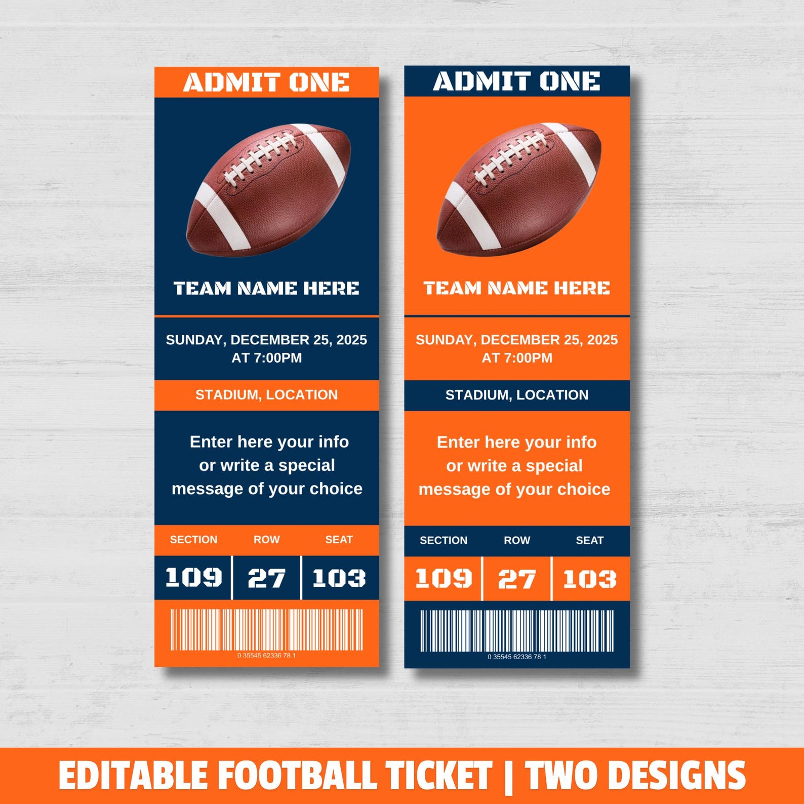 Editable Football Game DENVER Colors Ticket Template Surprise, Football ...