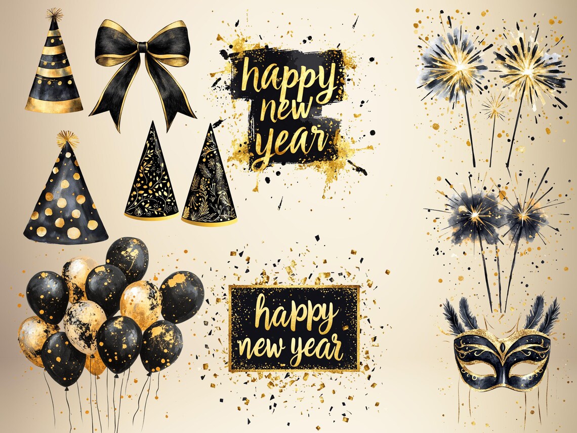 Happy New Year Clipart Bundle| Black & Gold Clipart |new Year's Eve ...