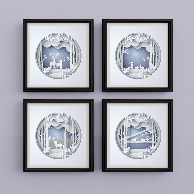 Forest Shadow Box Art Set of 4, Vector Art Prints, Wall Decor, Digital ...