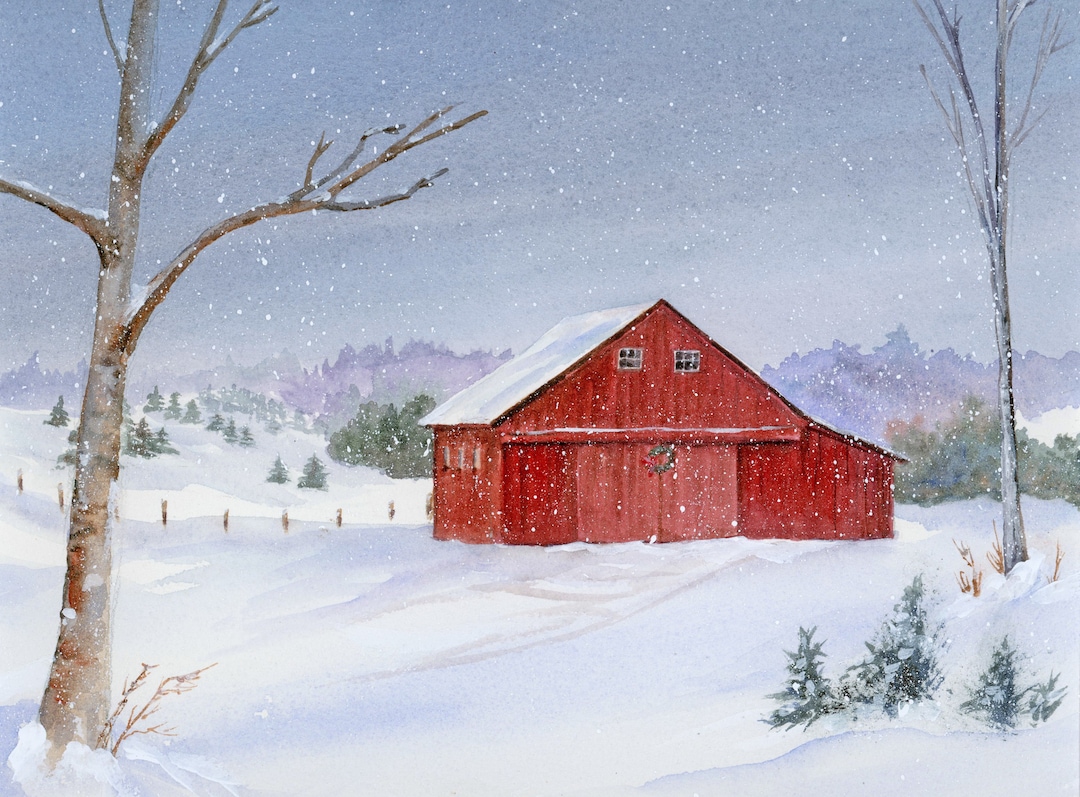 Winter Barn Art, Snow Landscape, Red Barn Watercolor Art Print - Etsy