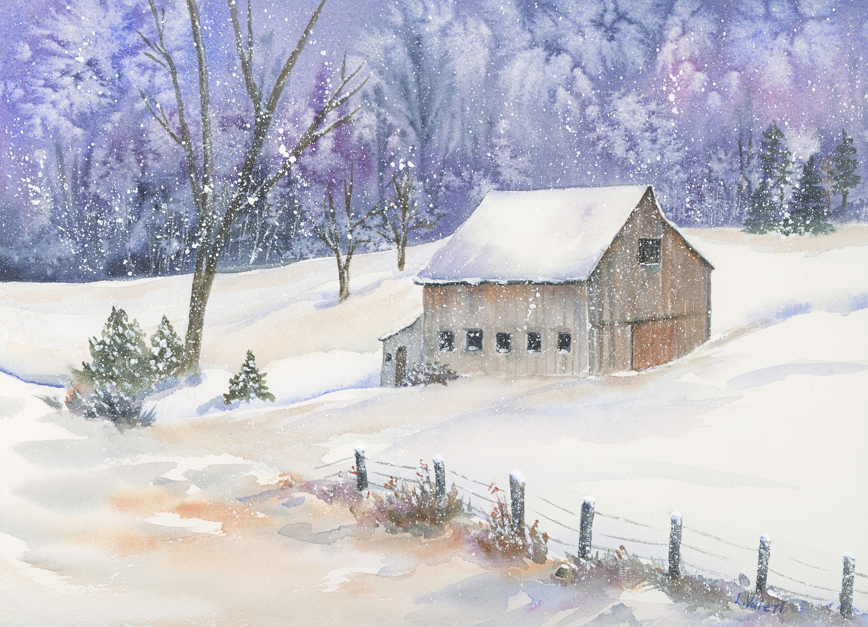 Watercolor Winter Barn Art, Barn Snow Print , Winter Wall Decor, Barn ...