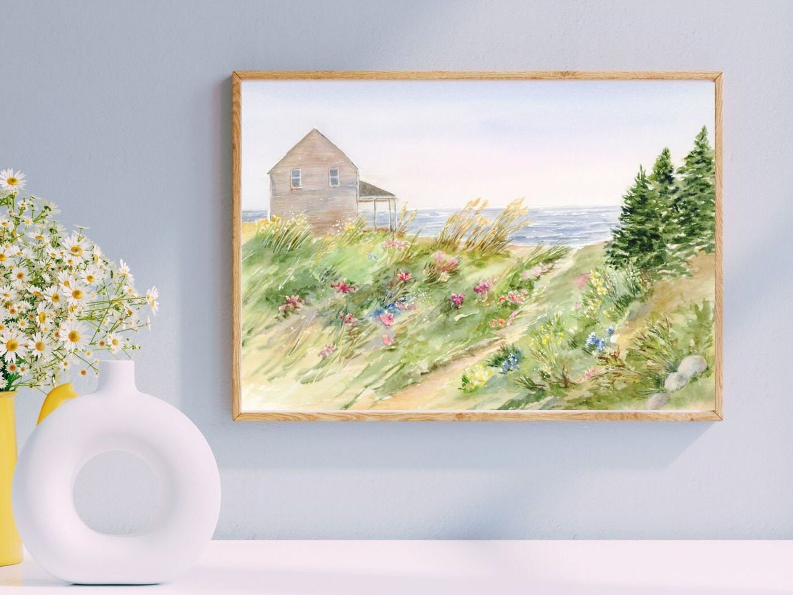 Cape Cod Cottage Watercolor Beach Art Print, Ocean Cottage Beach Wall ...