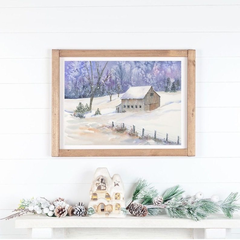 Watercolor Winter Barn Art, Barn Snow Print , Winter Wall Decor, Barn ...