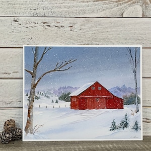 Winter Barn Art, Snow Landscape, Red Barn Watercolor Art Print - Etsy