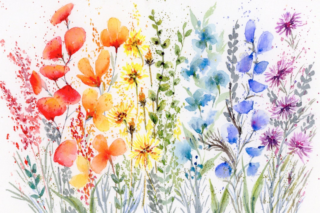 Watercolor Rainbow Flowers Art Print, Garden Flowers Painting - Etsy