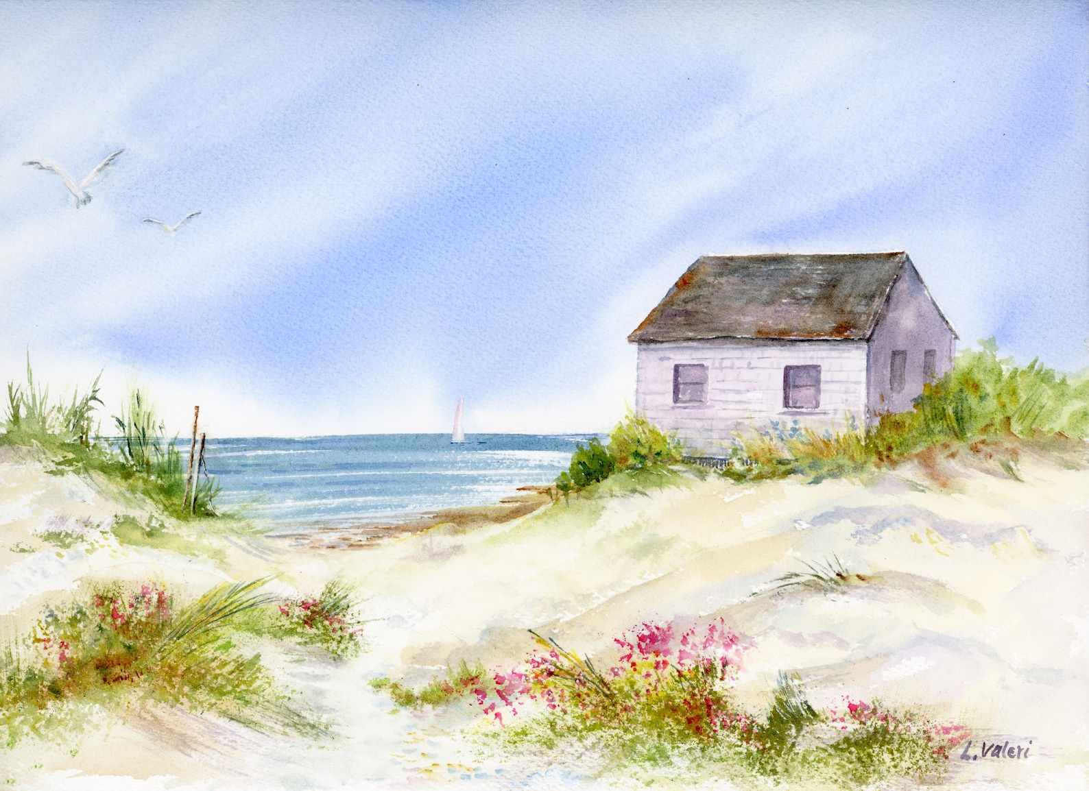 Cape Cod Art, Watercolor Beach Painting, Summer Cottage Art Print ...