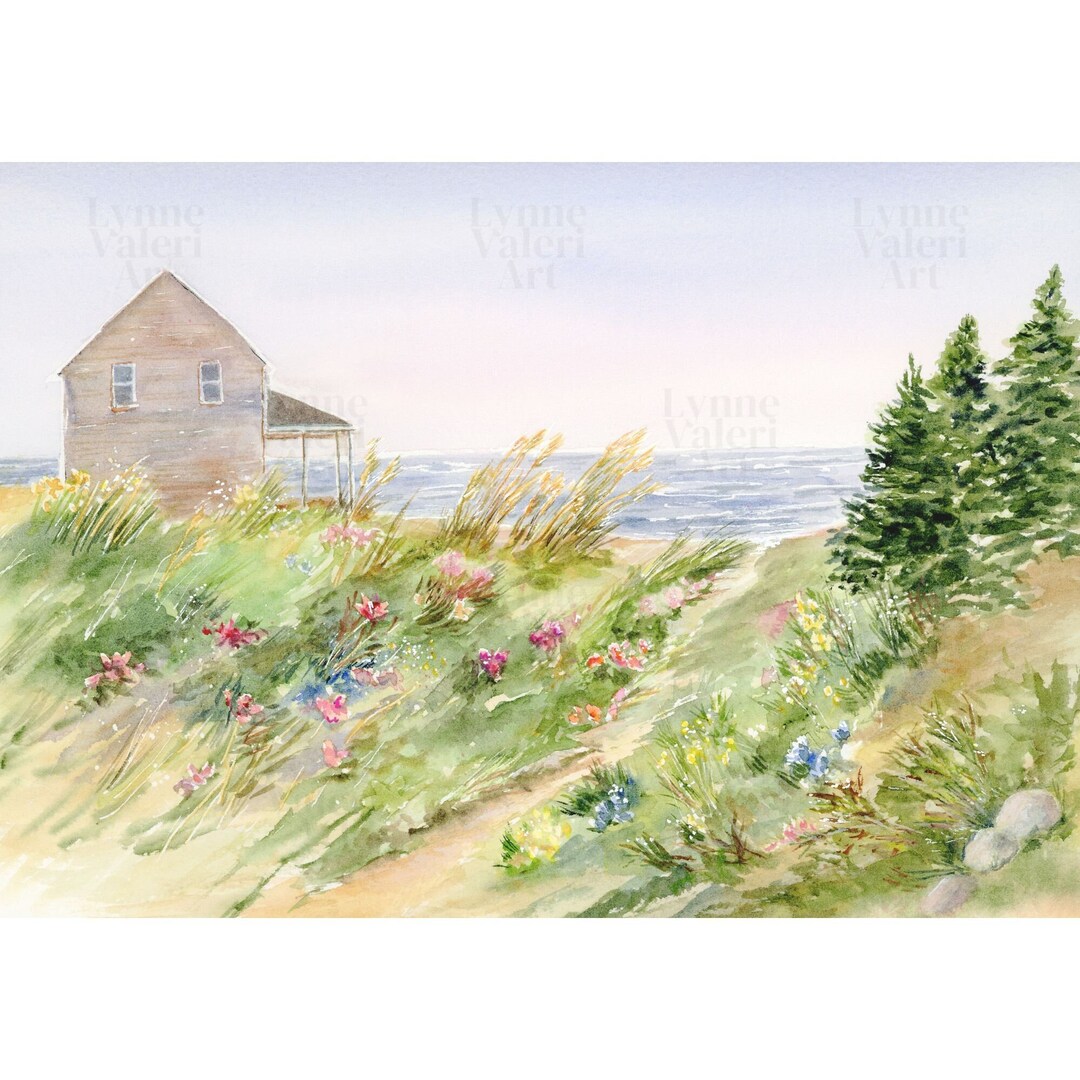 Cape Cod Cottage Watercolor Beach Art Print, Ocean Cottage Beach Wall ...