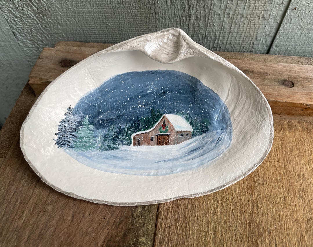 Cape Cod Seashell Hand-painted Winter Landscape, Shell Trinket Dish ...