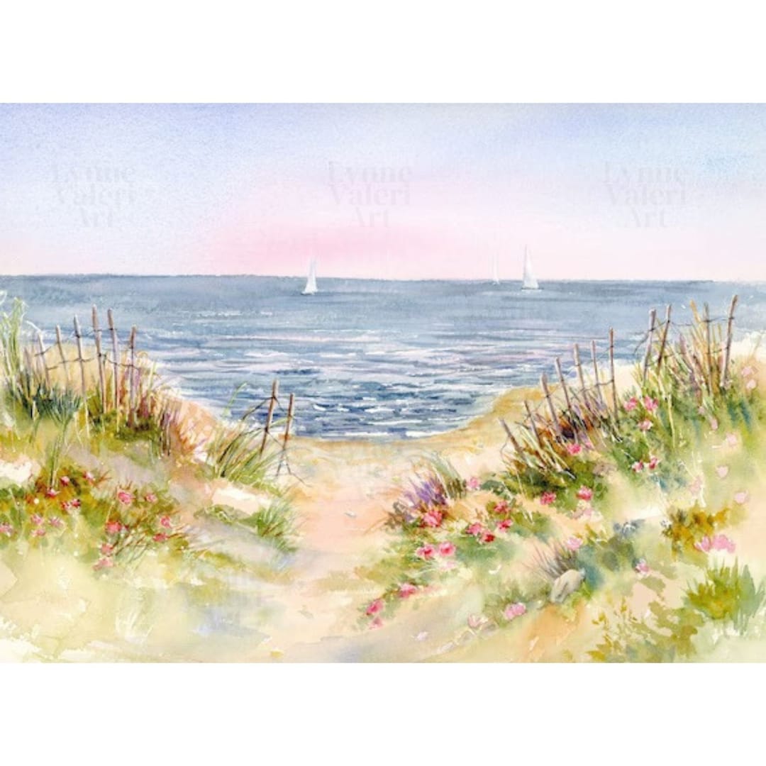Cape Cod Sailboats Beach Roses Watercolor Print, Coastal Wall Art ...
