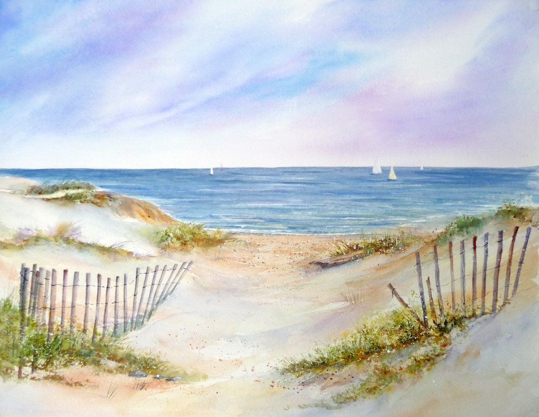 Cape Cod Art Watercolor Beach Print Dune Fence Art Sailboats Ocean Wall ...