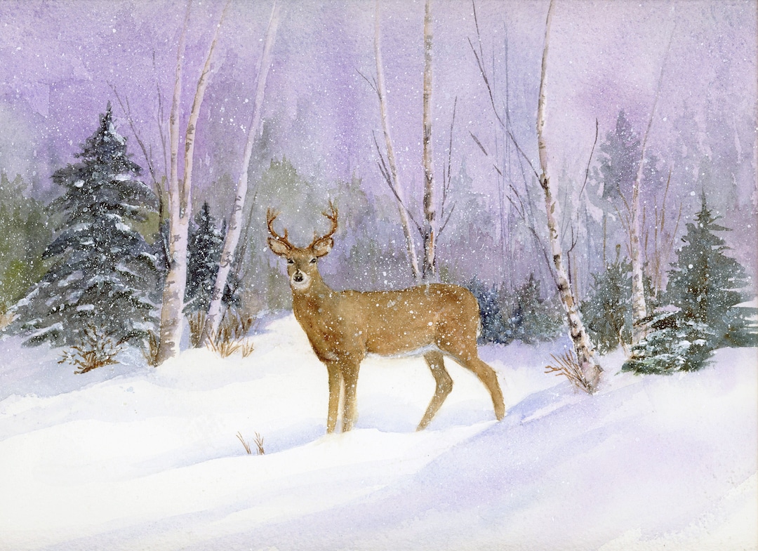 Winter Deer Watercolor Art Print: Snowy Birch Tree Landscape - Etsy
