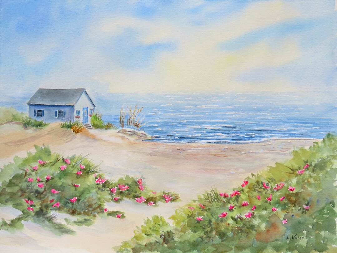 Cape Cod Watercolor Print: Blue Cottage, Seaside Wall Art - Etsy
