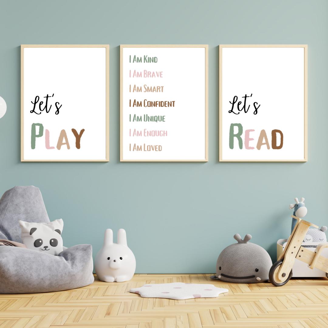 Playroom Wall Art Set of 3 | Let’s Play, Let’s Read, I Am Affirmations ...