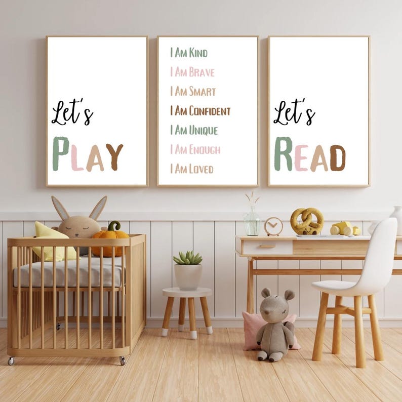 Playroom Wall Art Set of 3 | Let’s Play, Let’s Read, I Am Affirmations ...