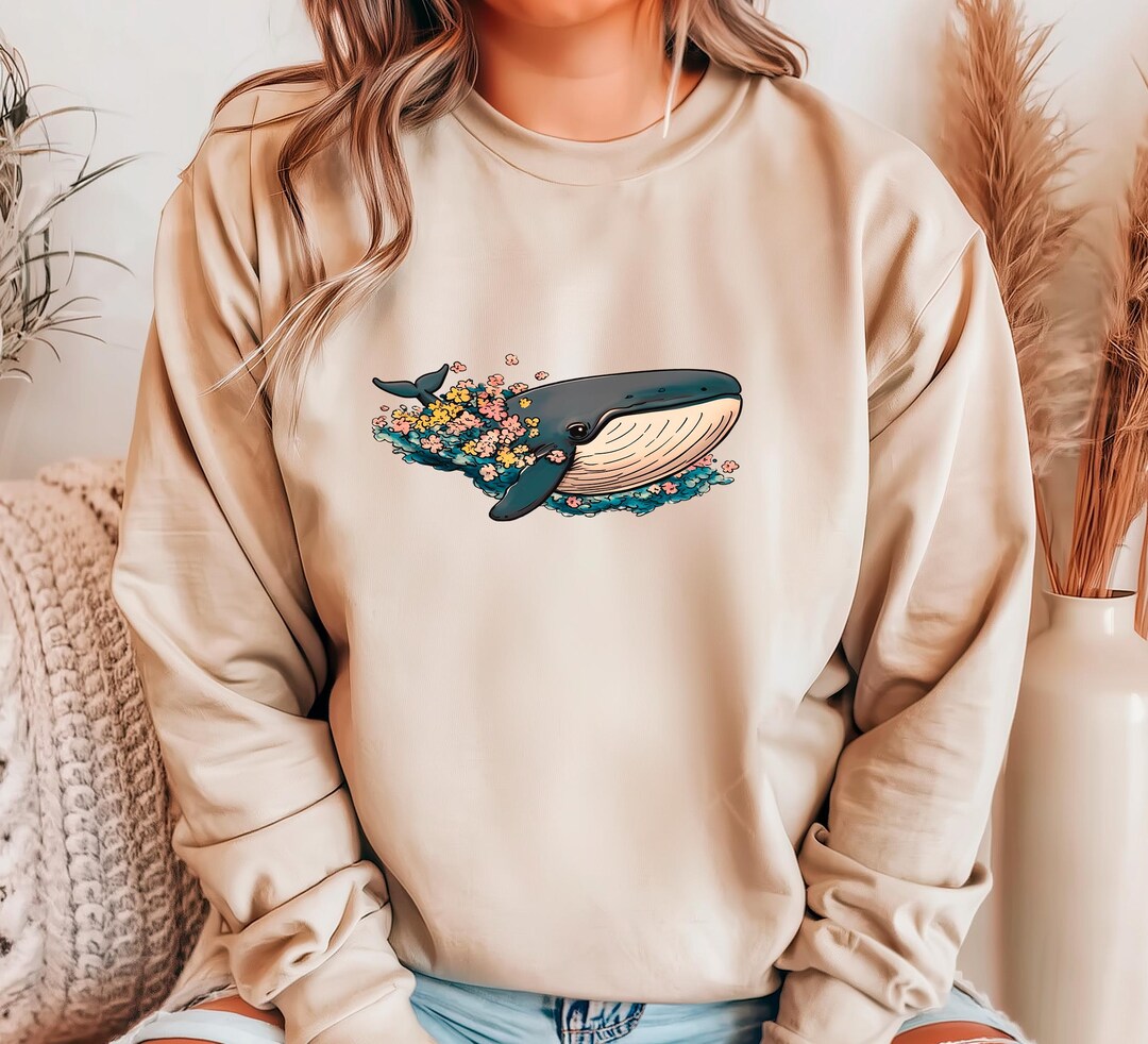 Blue Whale Flower Crewneck Sweatshirt, Whale Lover Gift, Nautical ...