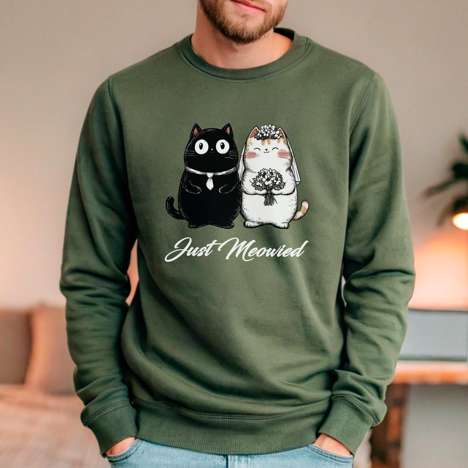 Romantic Wedding Cats Sweatshirt, Just Meowied Bridal Cat Love Gift for ...