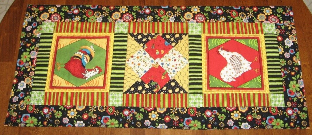 Fanciful Chicken Pieced Quilted Table Runner Quiltsy Handmade - Etsy