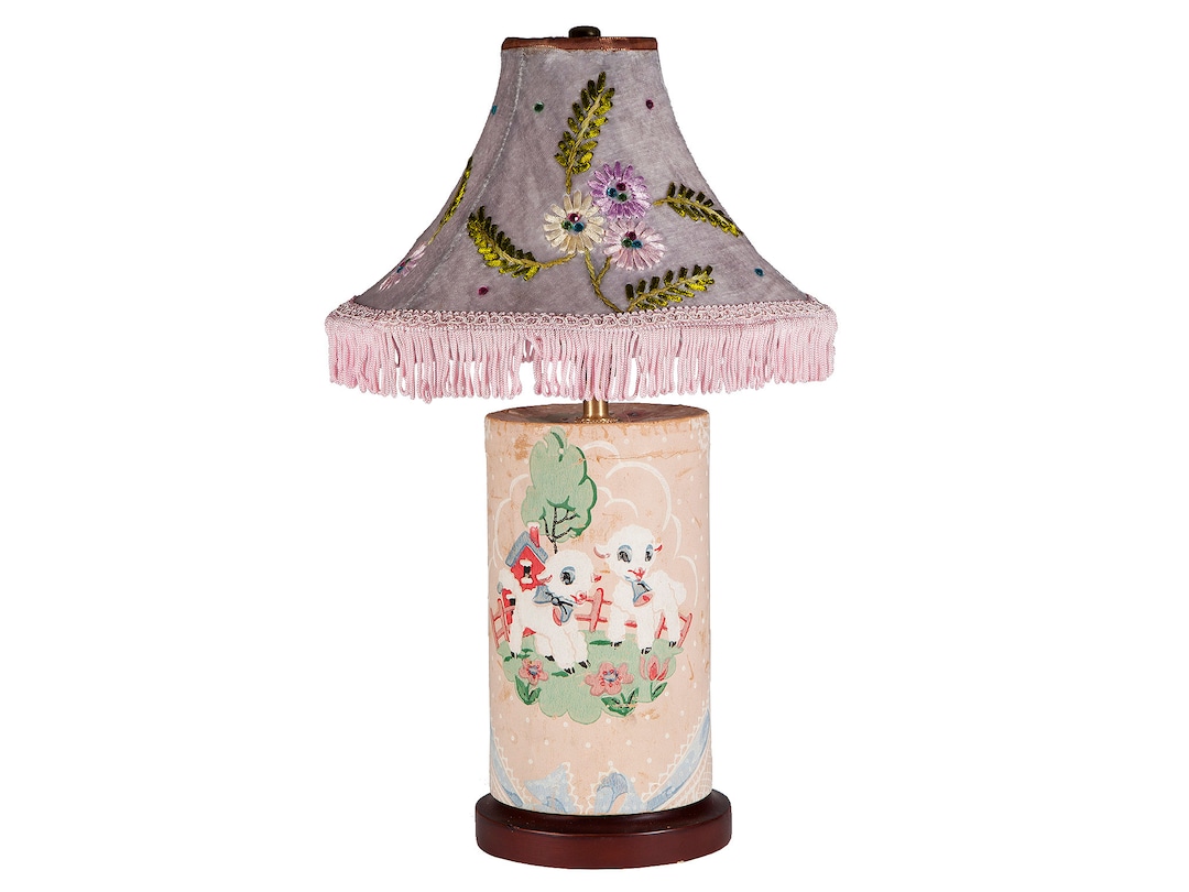 Vintage Lamb Nursery Lamp With Extraordinary Vintage Embroidered Velvet ...