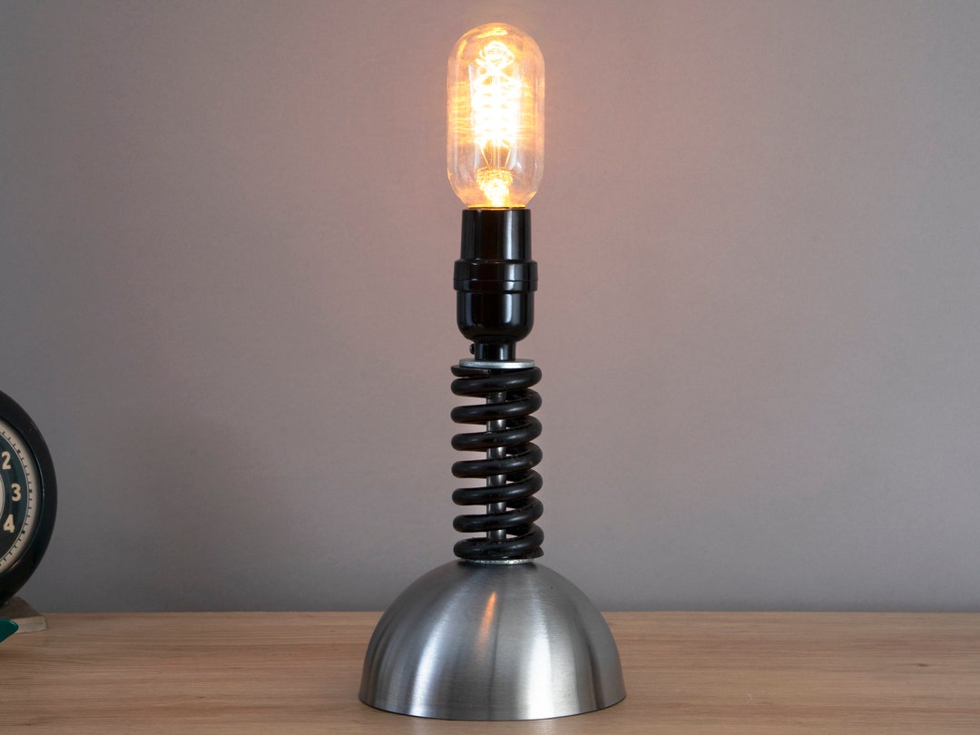 Up-cycled Coil Lamp Industrial Black Rubber Coil on Silver Metal Base ...