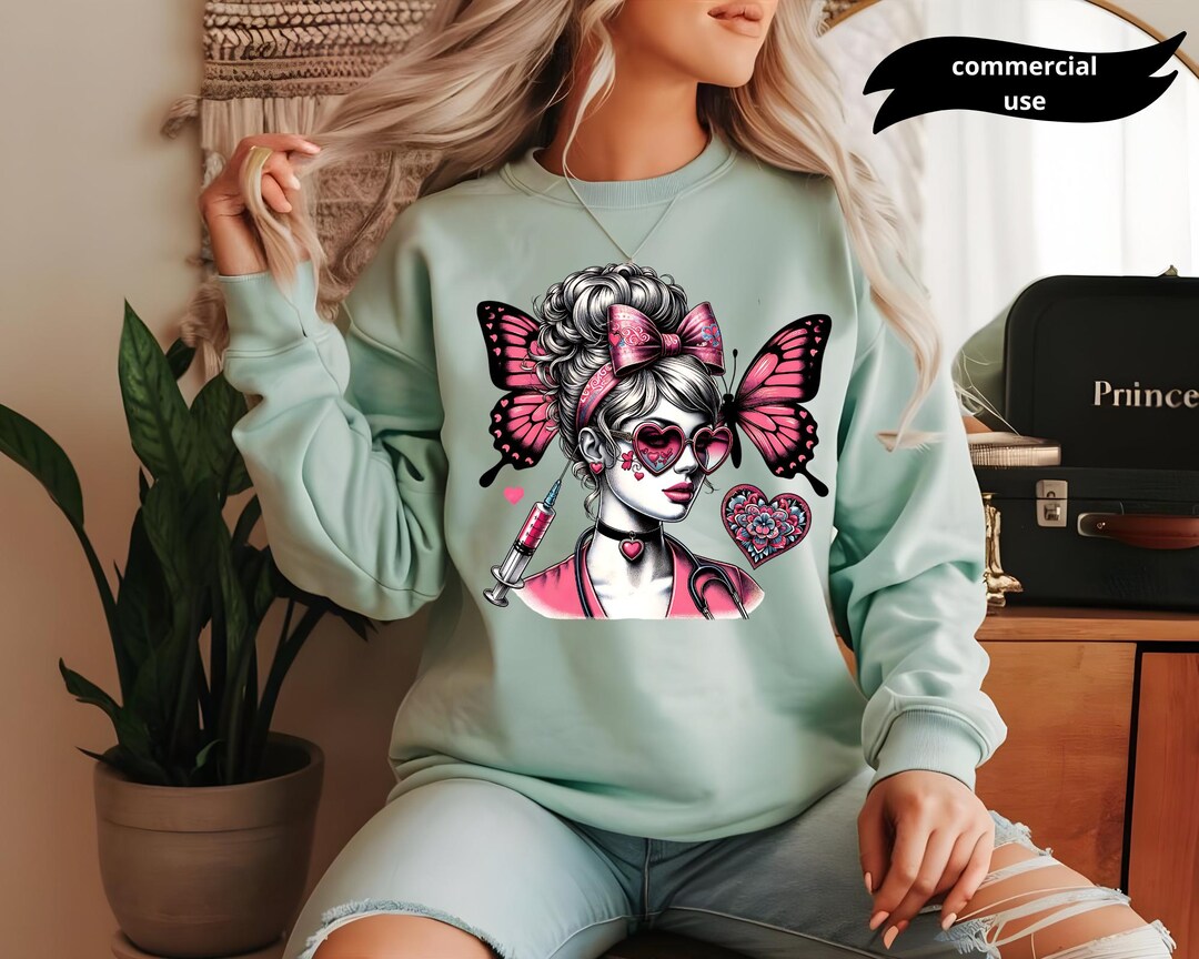 Pink Vintage Nurse Valentine PNG, Heart Sunglasses Messy Bun ...