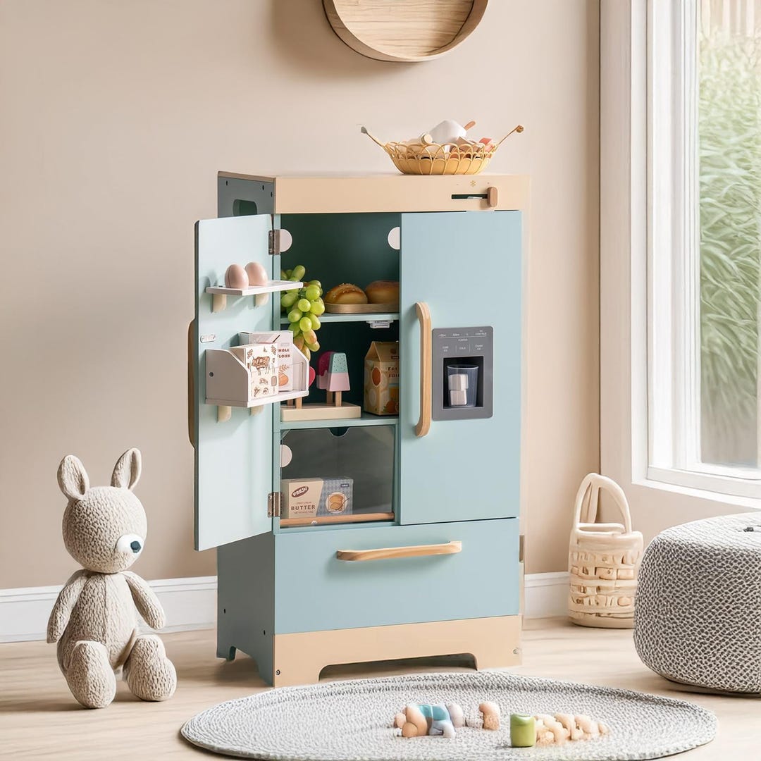 Wooden Play Fridge Freezer Set for Kids, Refrigerator With Ice ...