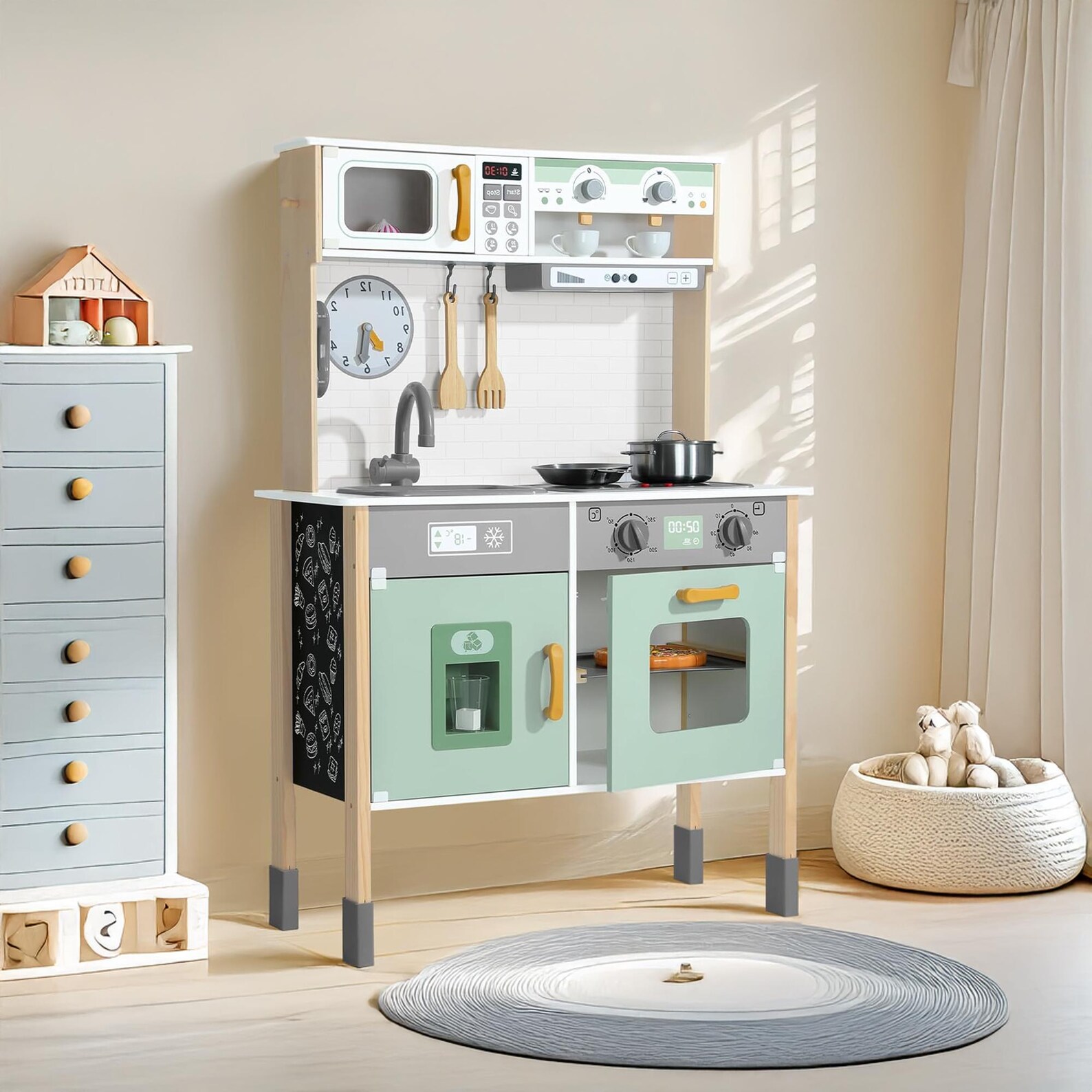 Wooden Play Kitchen Set for Kids and Toddlers With Lights & Sounds ...
