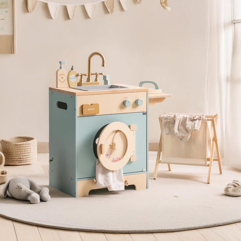 Wooden Washing Machine Toy, Montessori Furniture, Wooden Toy, Kids ...