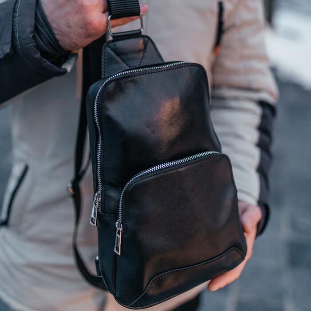 Leather Sling Bag for Men, Black Chest Bag, Genuine Leather Utility Bag ...