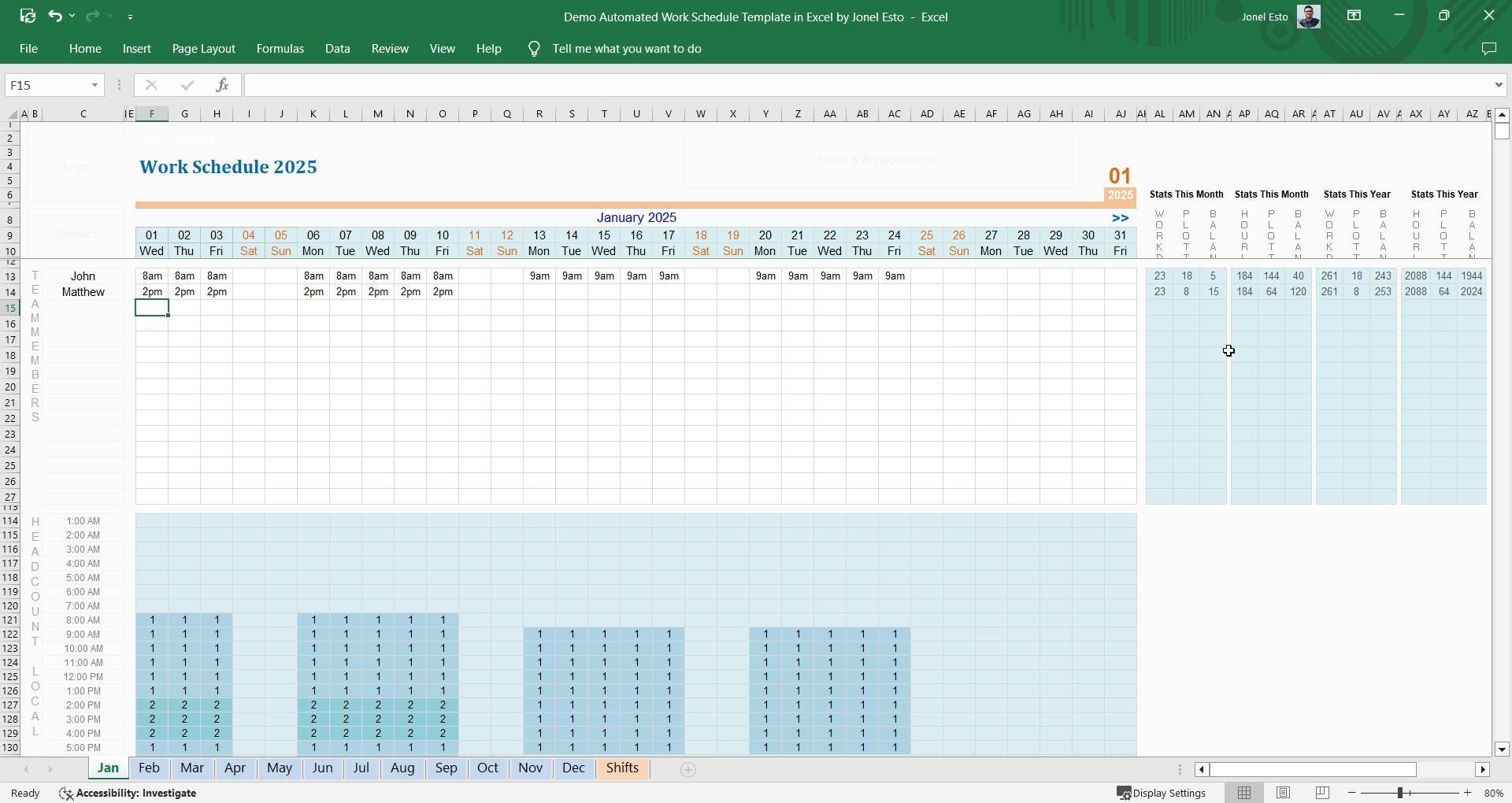 2025 Employee Shift Schedule Excel Template With Hourly Staff & Time ...