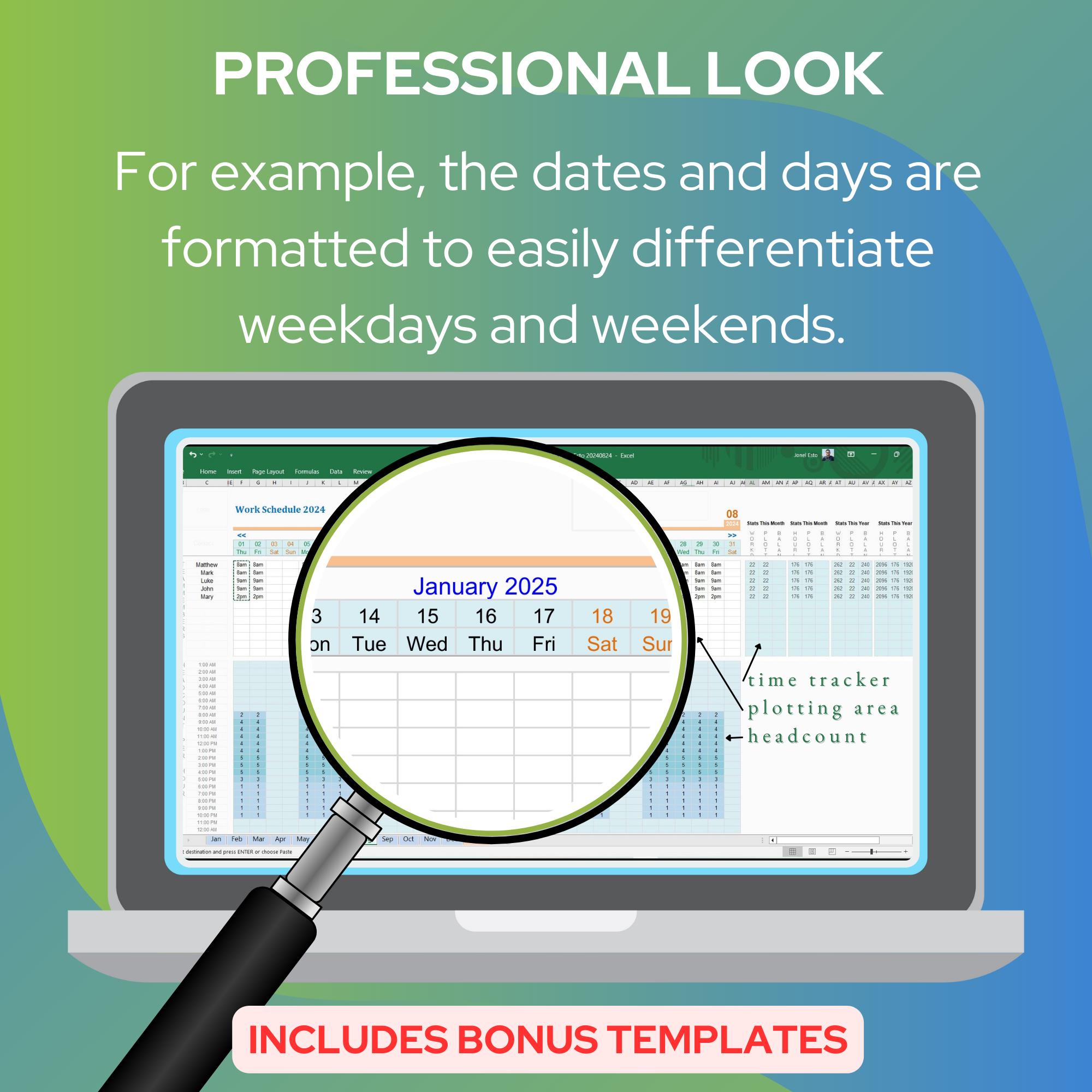 2025 Employee Shift Schedule Excel Template | Time Tracker + Staff per ...