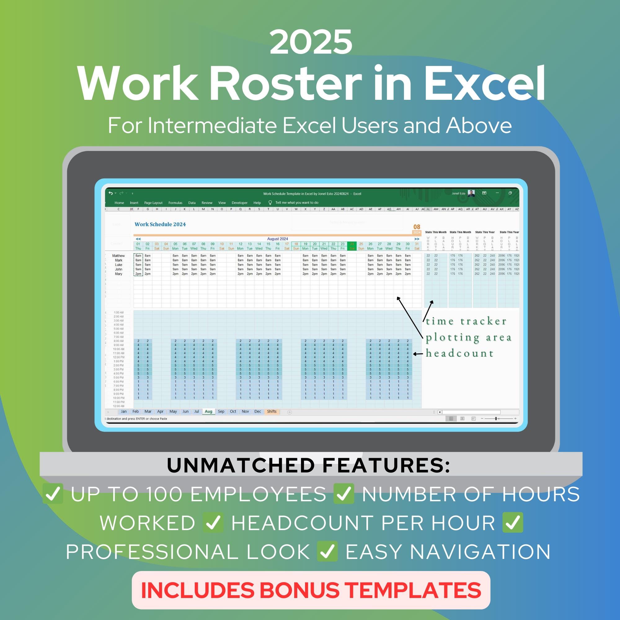 2025 Employee Shift Schedule Excel Template | Time Tracker + Staff per ...