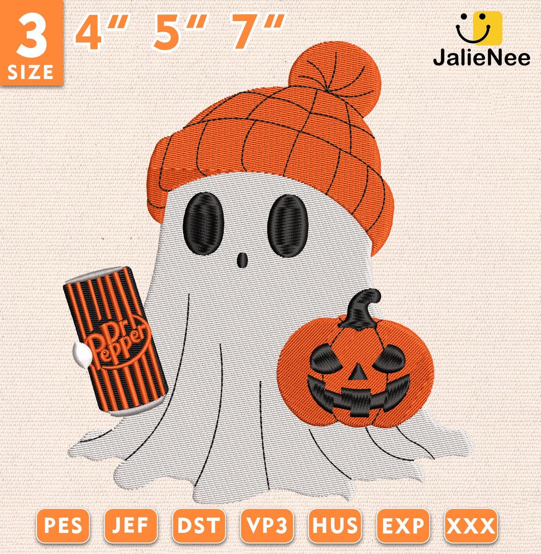 Ghost Holding Soda Can Embroidery Design, Retro Halloween Boo Stitch ...