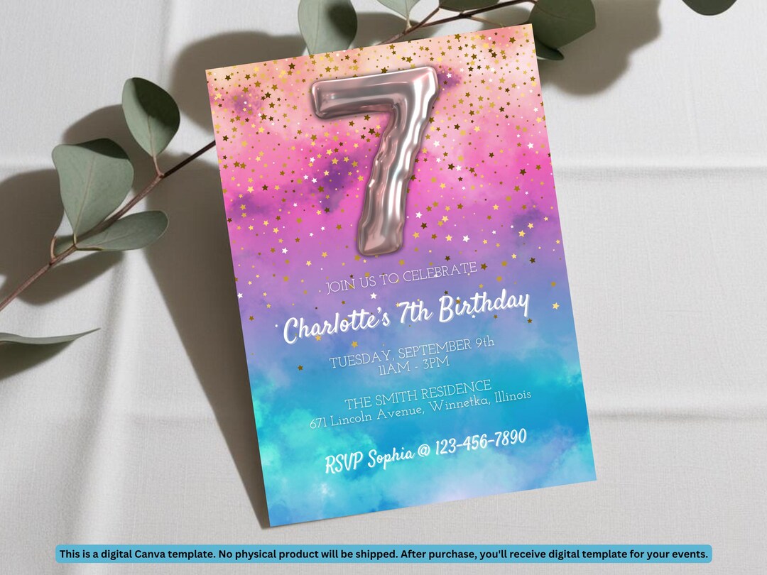 Editable 7th Birthday Invitation - Gradient Pink and Blue With Glitter ...