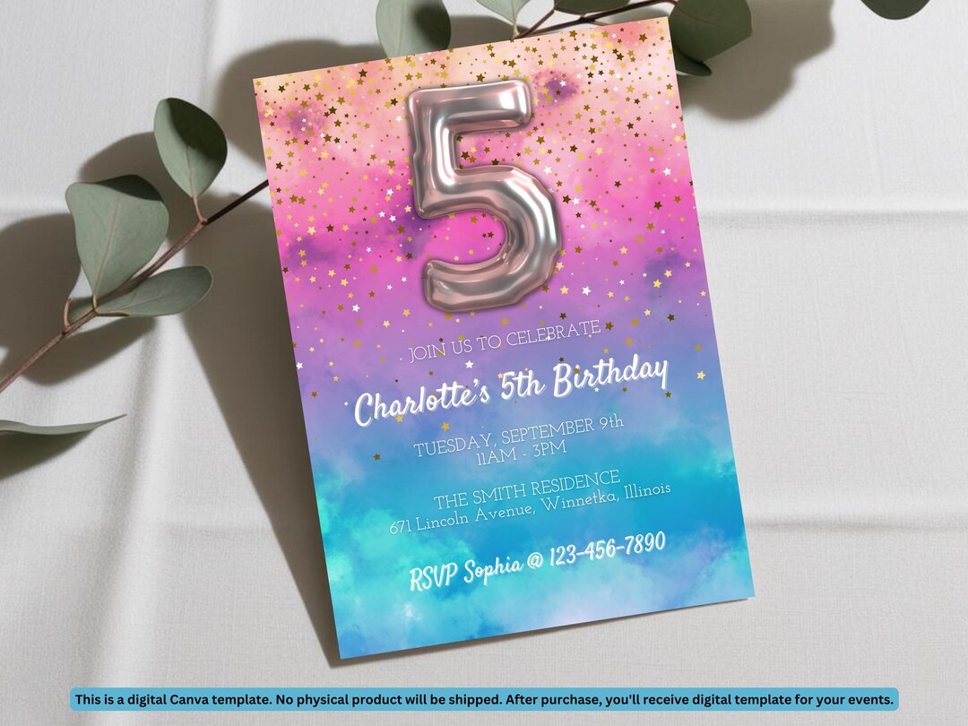 Editable 5th Birthday Invitation - Gradient Pink and Blue With Glitter ...