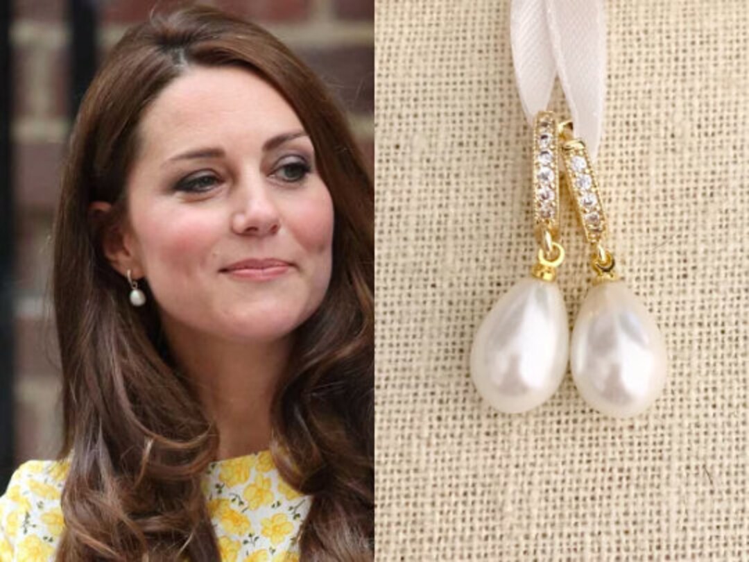 Kate Middleton Gold White Shell Pearl Teardrop Earrings Huggie Cubic ...