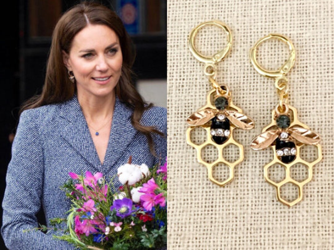 Kate Middleton Gold Plated Honeycomb Bee Black Enamel Rhinestone Clear ...