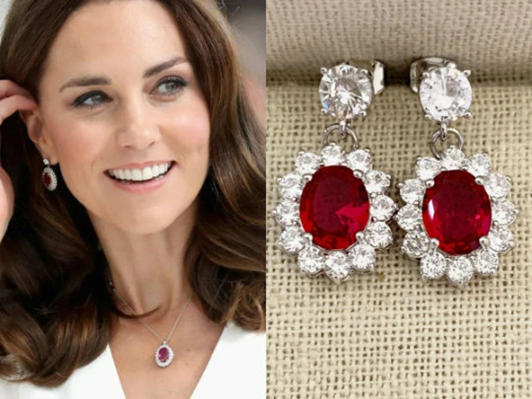 Kate Middleton Ruby Red Crystal Cubic Zirconia Flower Drop Silver Oval ...